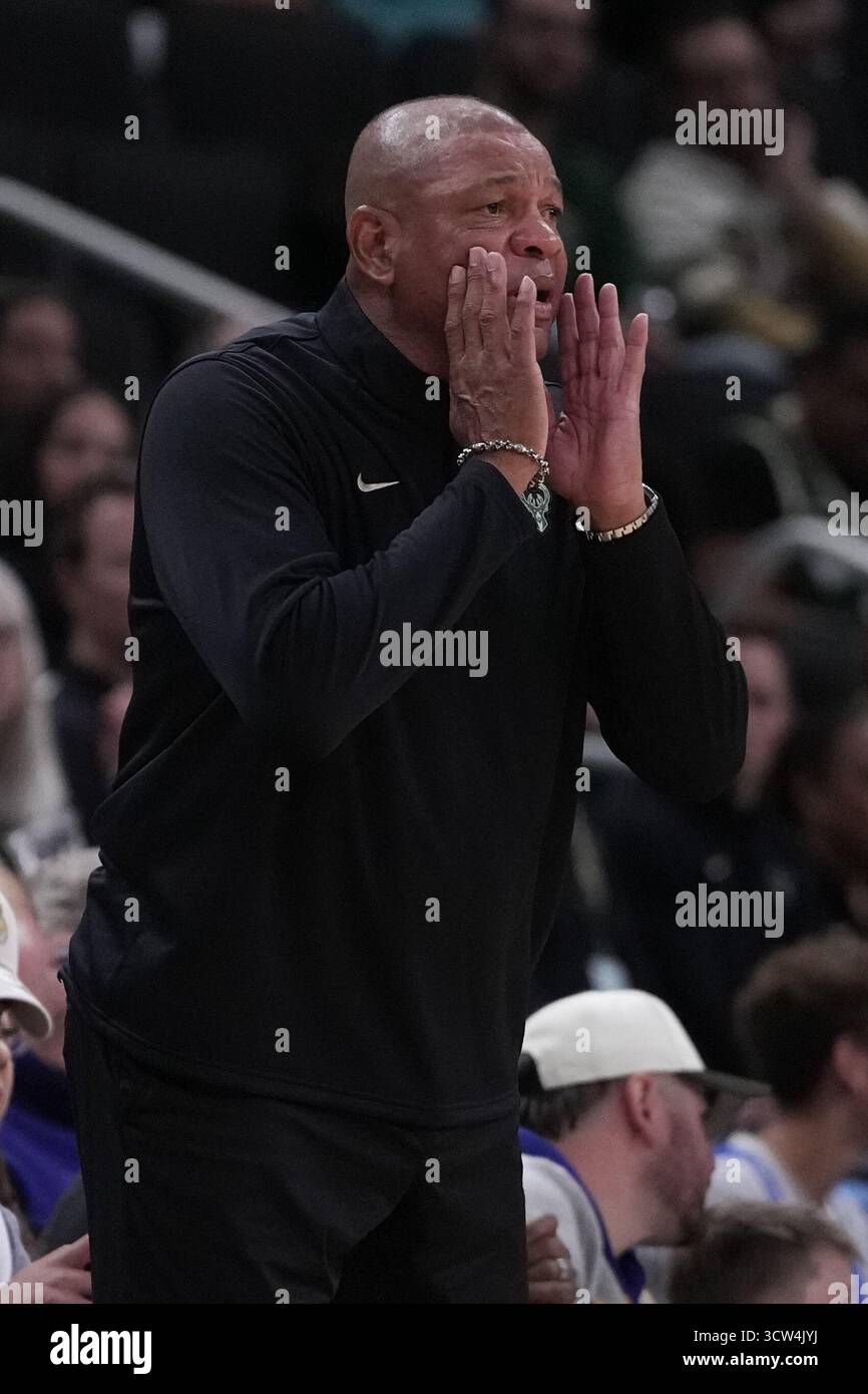 Milwaukee Bucks Head Coach Doc Rivers reacts during the first half of a ...