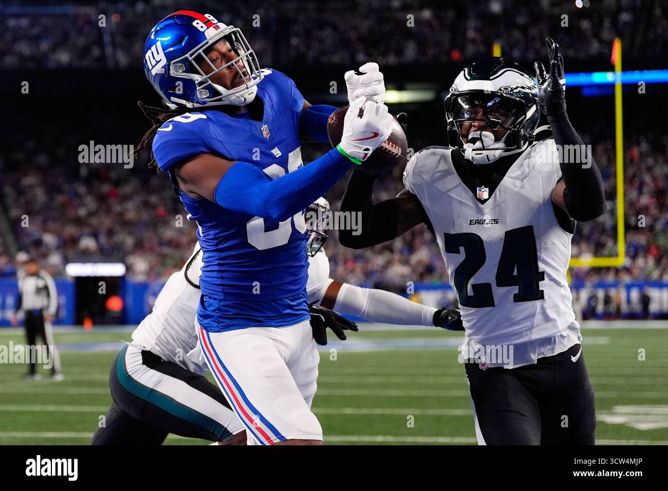 New York Giants' Lil'Jordan Humphrey, left, cannot hang onto a pass in ...