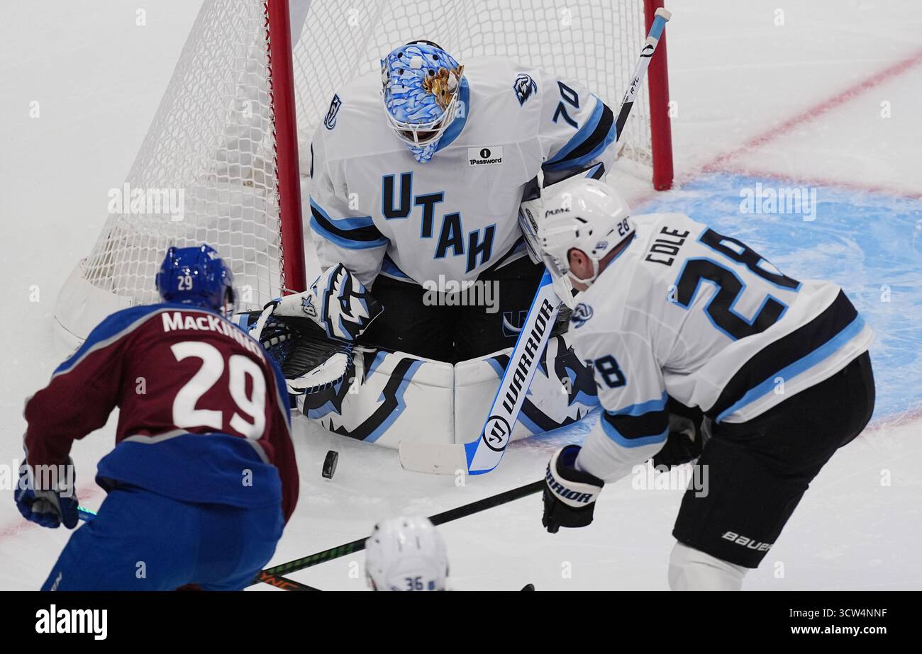 Utah Mammoth goaltender Karel Vejmelka, (70) stops a shot by Colorado ...