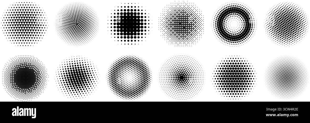 Halftone radial gradient collection. Dotted textured round patterns ...