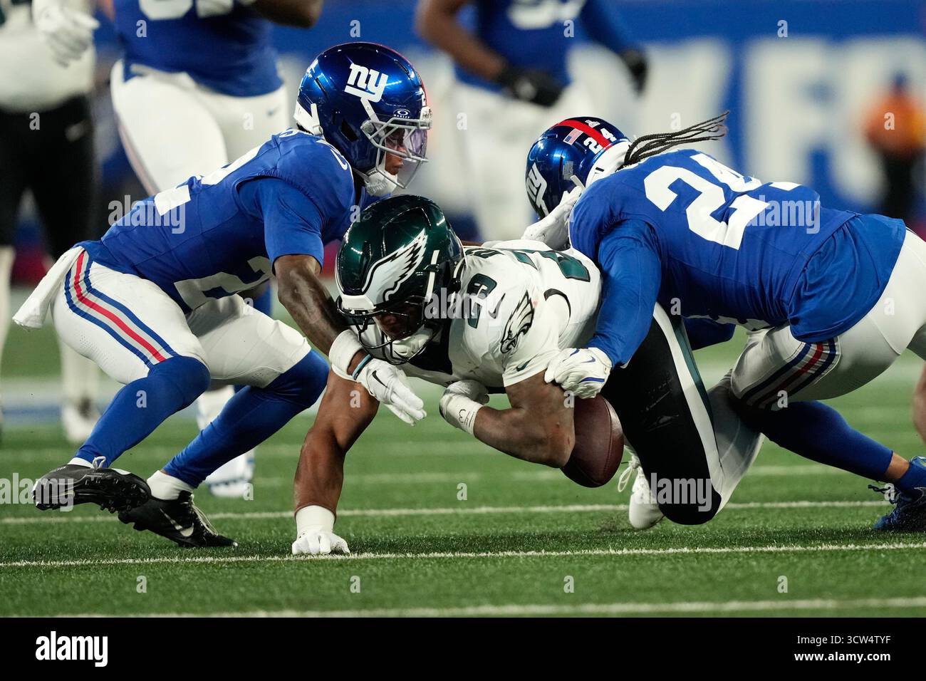 Philadelphia Eagles' AJ Dillon (29) fumbles the ball against New York ...