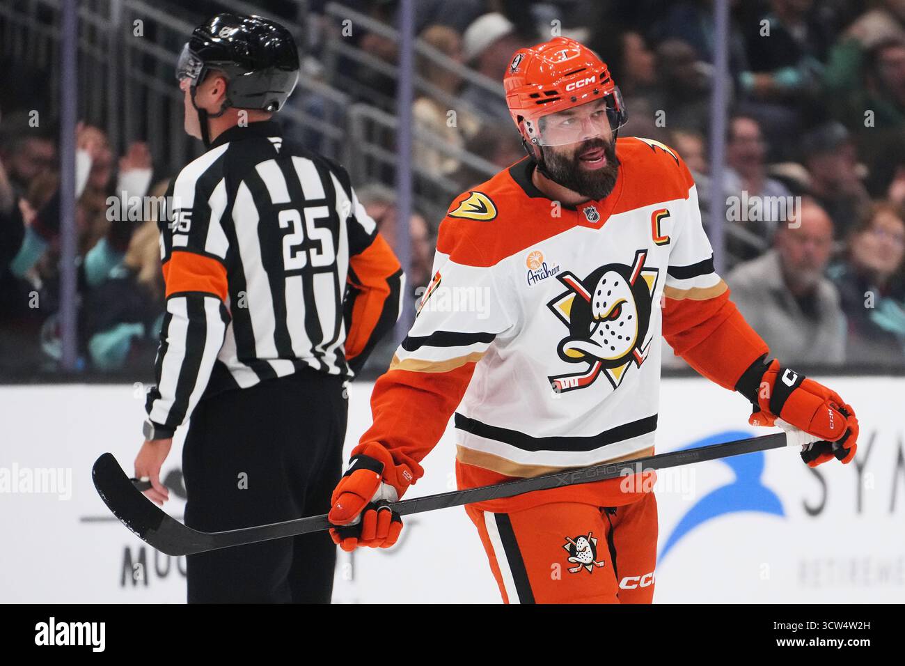 Anaheim Ducks defenseman Radko Gudas reacts after a goal was disallowed ...