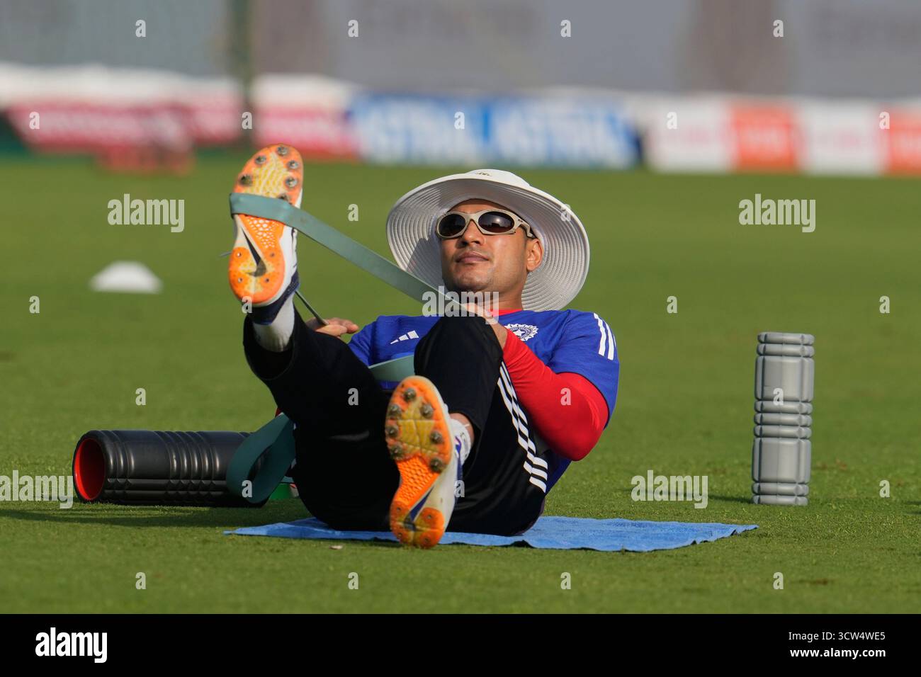 India's captain Shubman Gill warms up before the start of the first day ...