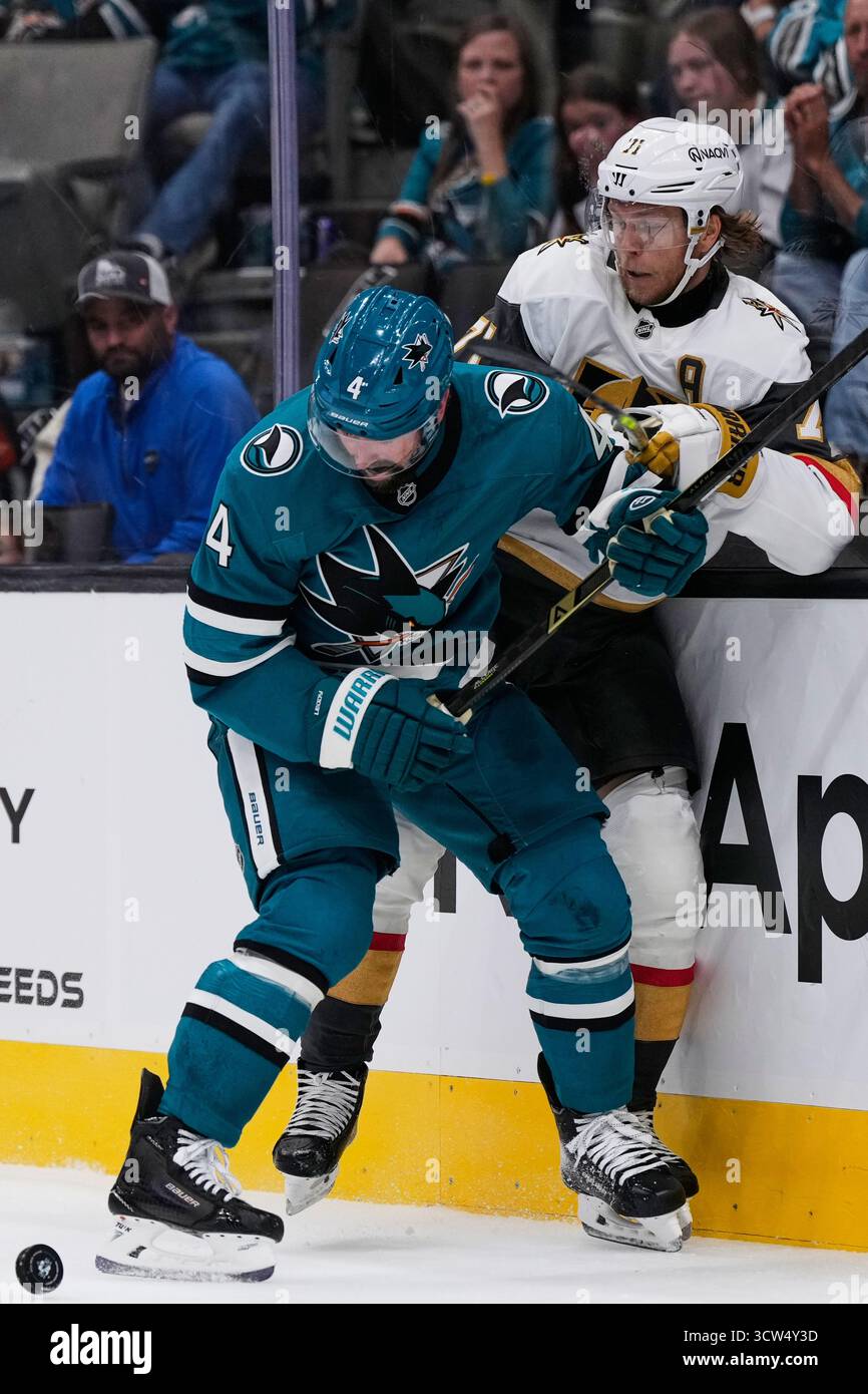 San Jose Sharks defenseman Nick Leddy, left, collides with Vegas Golden ...
