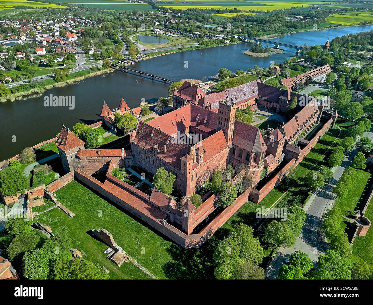 Malbork Teutonic Castle drone view, river Nogat, horizontal wide shot ...