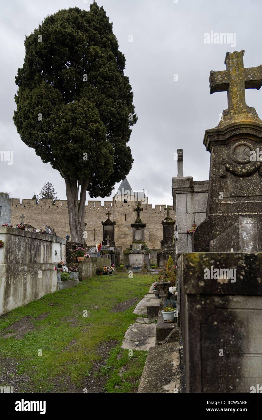 An old cemetery with stone crosses and tombstones, and the medieval ...