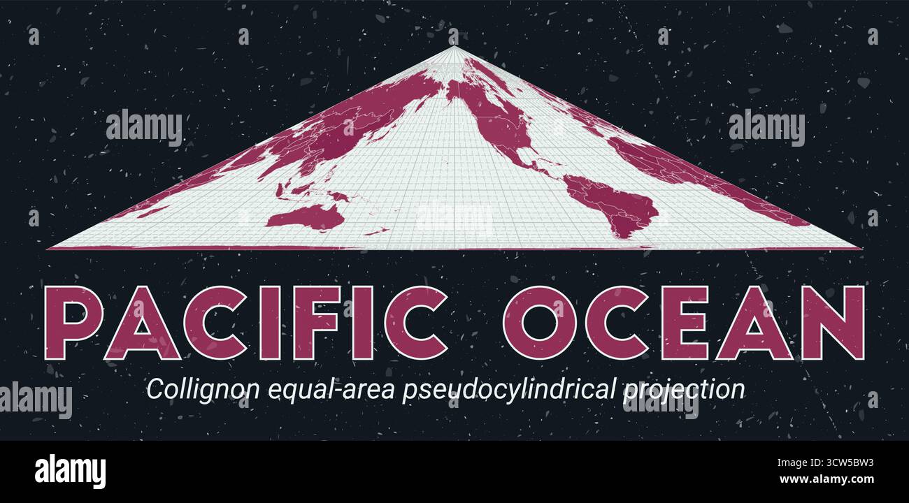 Pacific Ocean. World map. Collignon equal-area pseudocylindrical ...