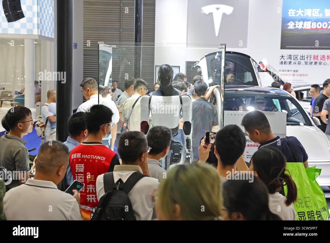 Tesla Optimus humanoids and Model Y L are displayed at the 2025 ...