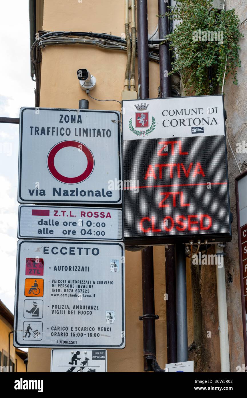 Cortona, Italy- July 10,2025: Italian traffic signs in village of ...