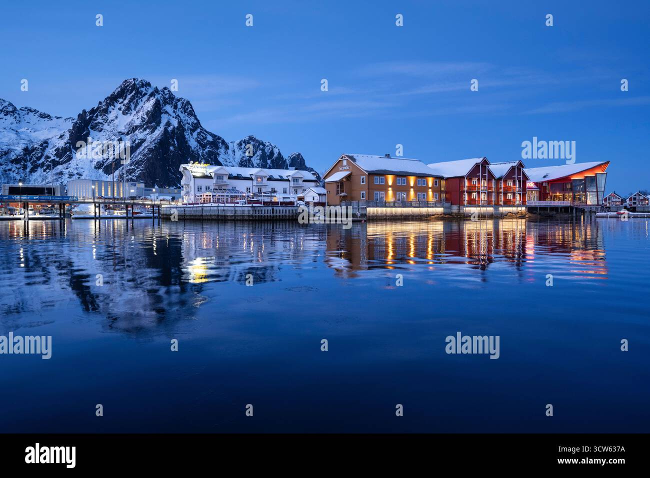 Harbor waterfront and mountains of Svolvær, Lofoten Islands, Norway ...