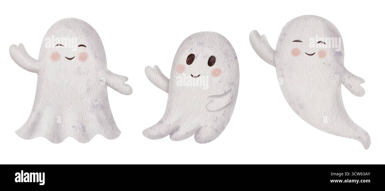 Halloween set of Cute ghosts in different poses. Hand drawn Watercolor ...