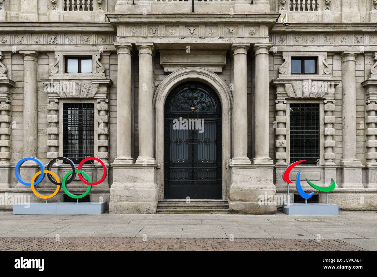 Facade of Palazzo Marino, Milan City Hall, with the Olympic and ...