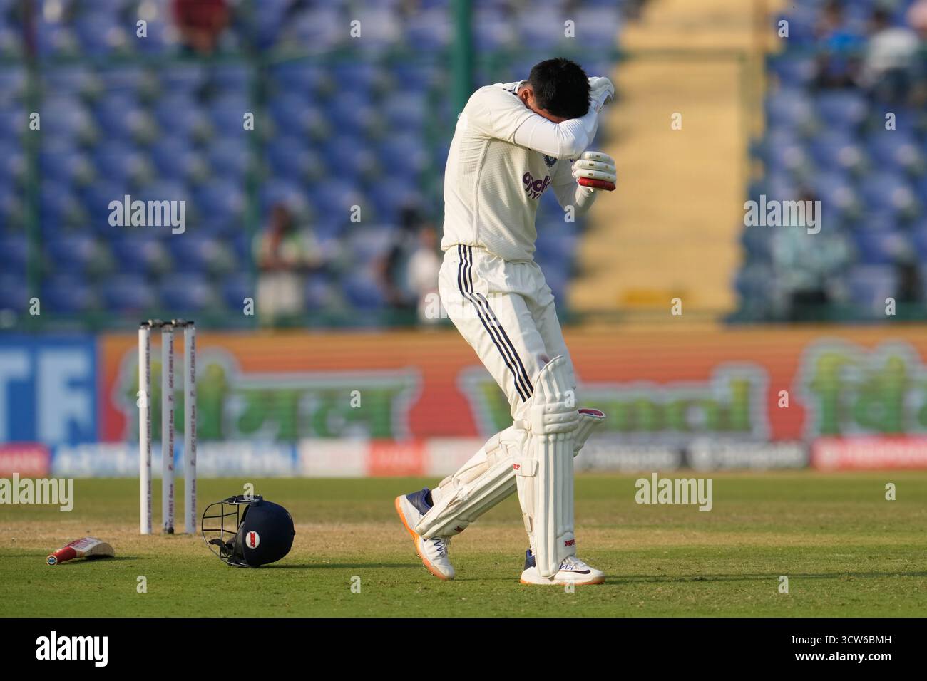 India's captain Shubman Gill reacts after colliding with West Indies ...