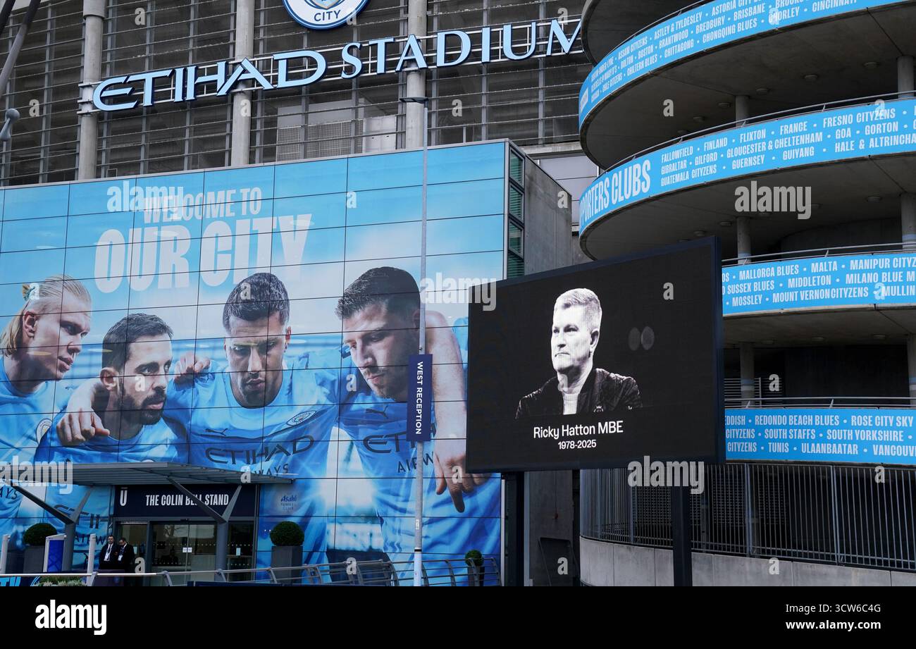 A view of a tribute at the Etihad Stadium as a funeral service is ...
