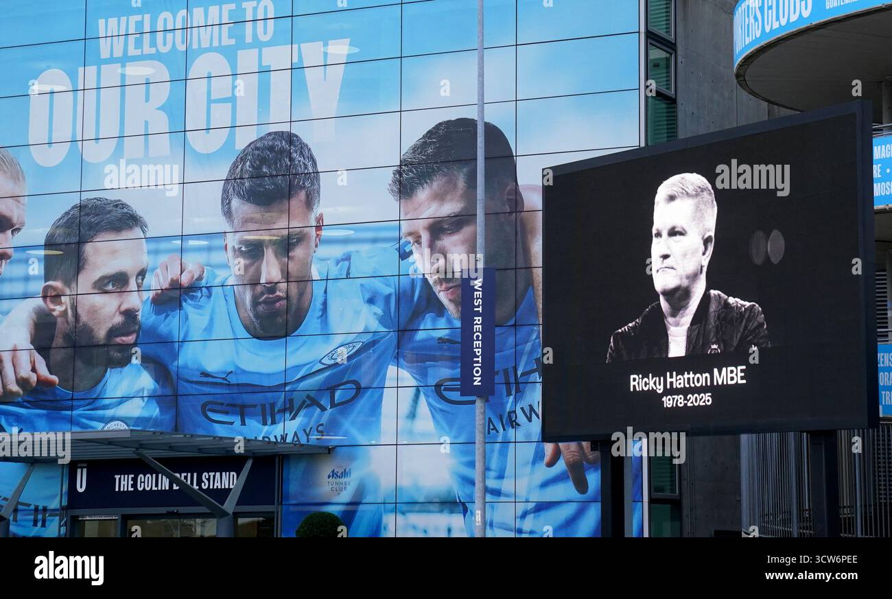 A view of a tribute at the Etihad Stadium as a funeral service is ...