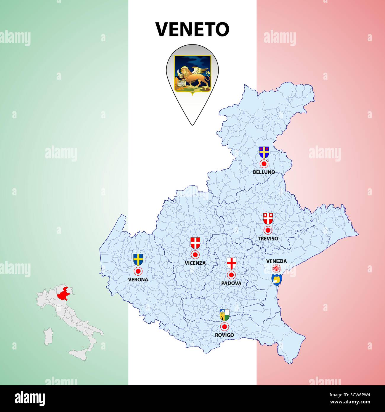 Veneto, Italy, regional map and symbols of the region and cities ...