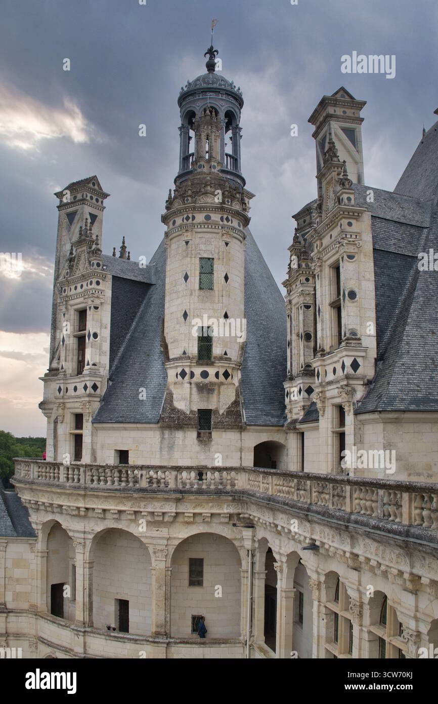 Chambord Castle Roofline Under Gray Sky - Elevated view of the Château ...