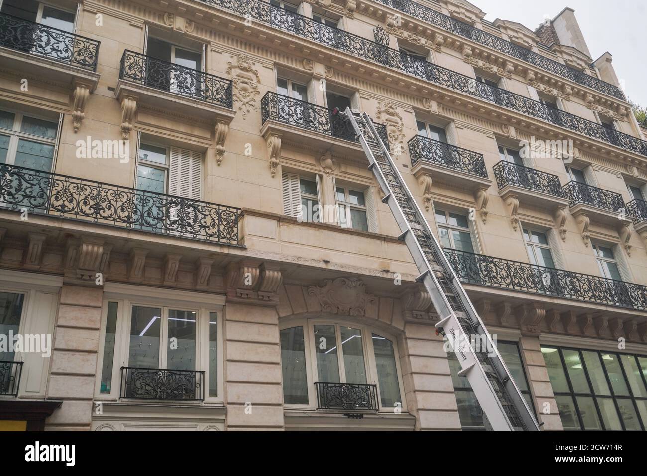 Furniture elevator outside residential apartment block, Paris, France ...