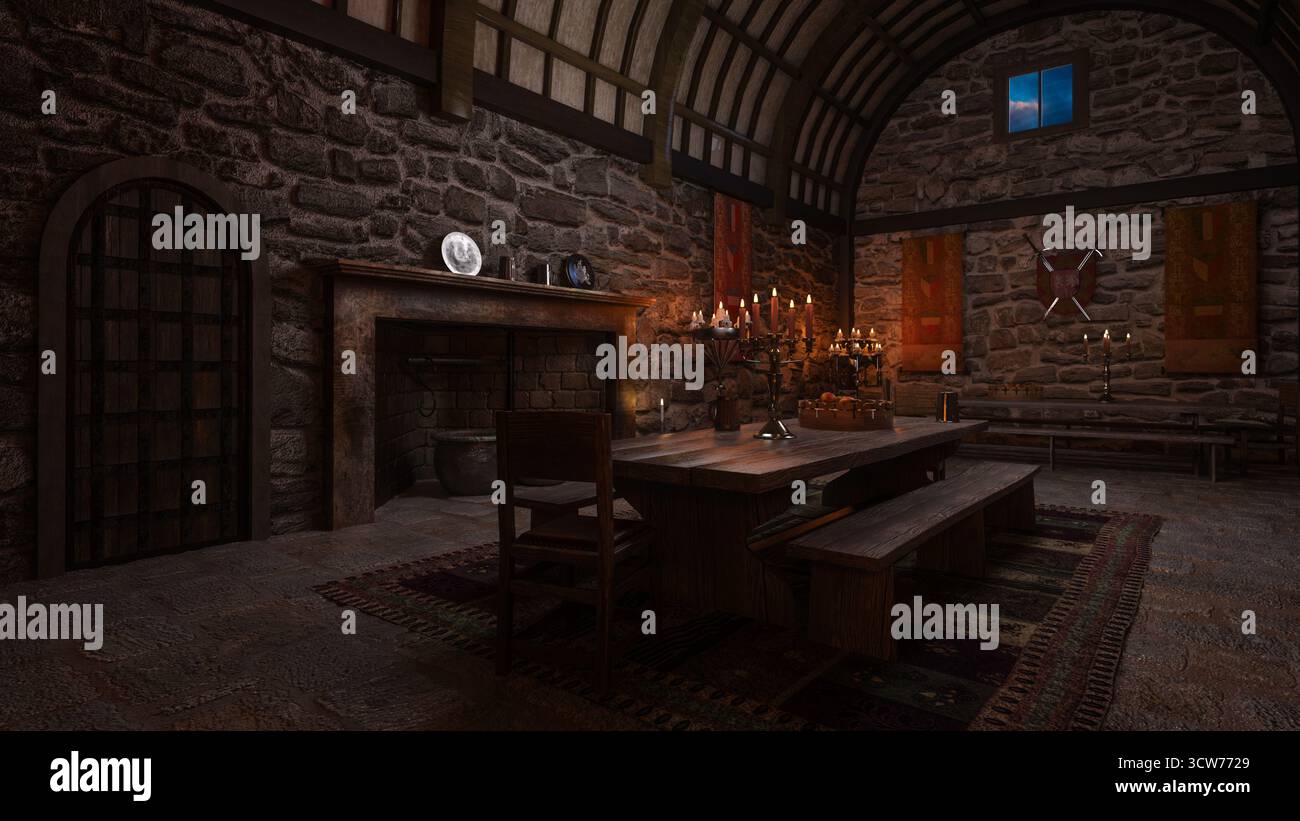 Medieval castle dining hall with table and seats by an open fireplace ...