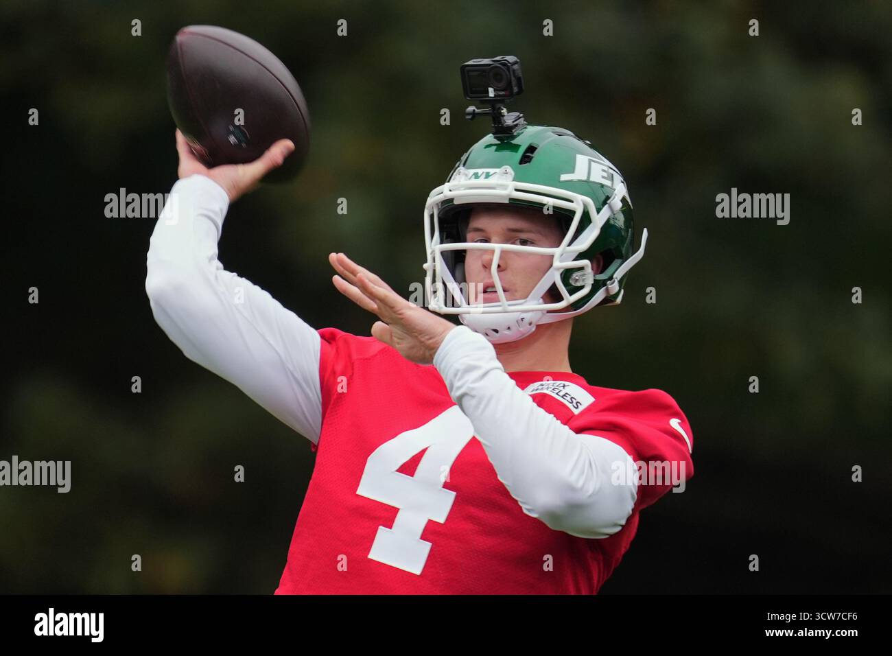 New York Jets quarterback Brady Cook (4), works out during an NFL ...
