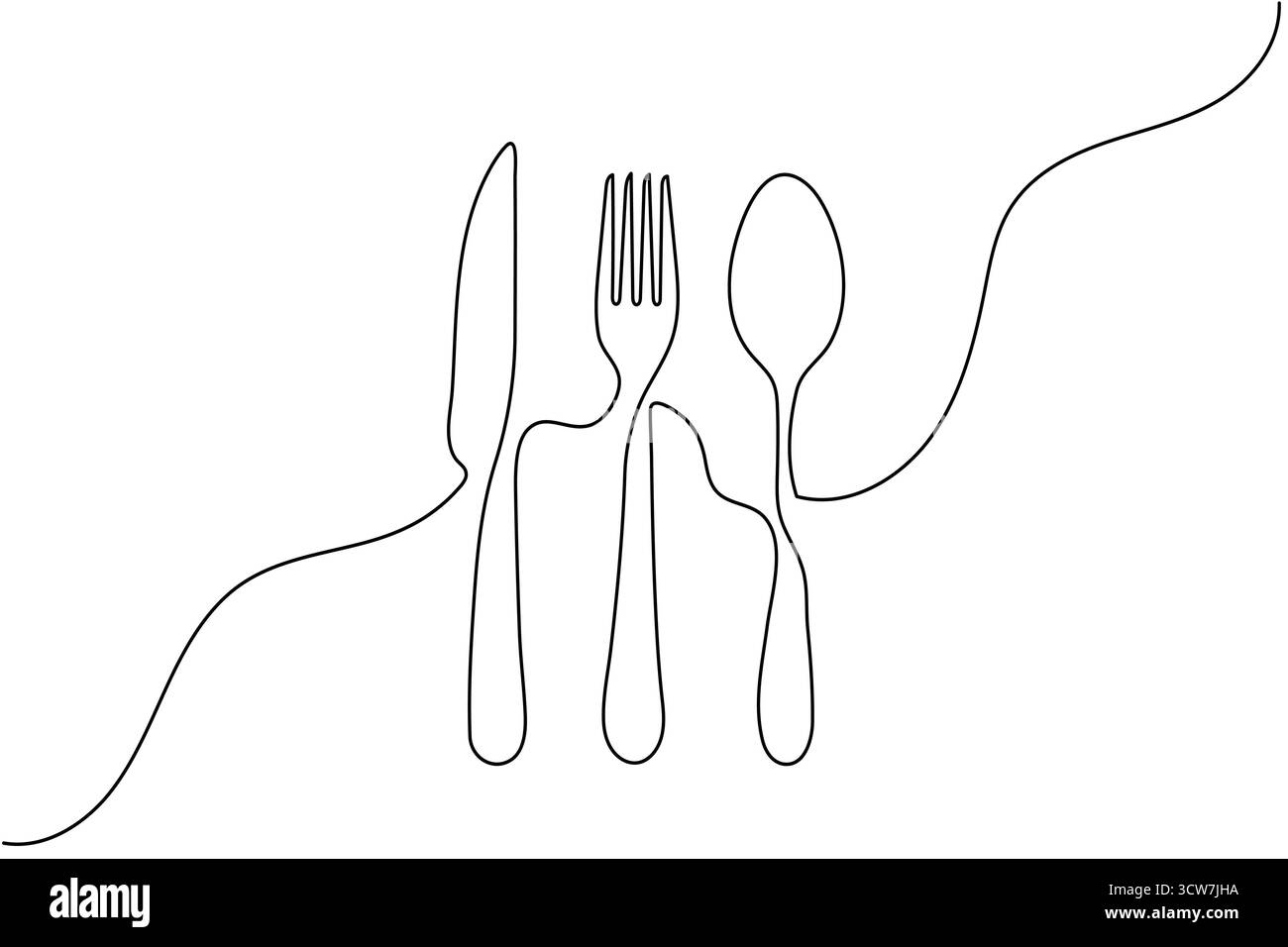 Fork knife spoon continuous one line drawing minimalist vector ...
