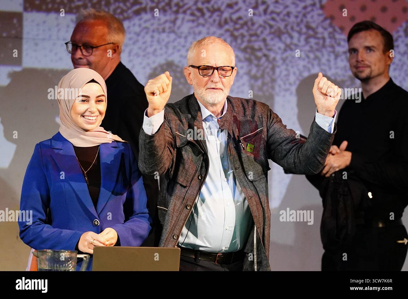 Jeremy Corbyn, with Zarah Sultana (not pictured) take part in a ...