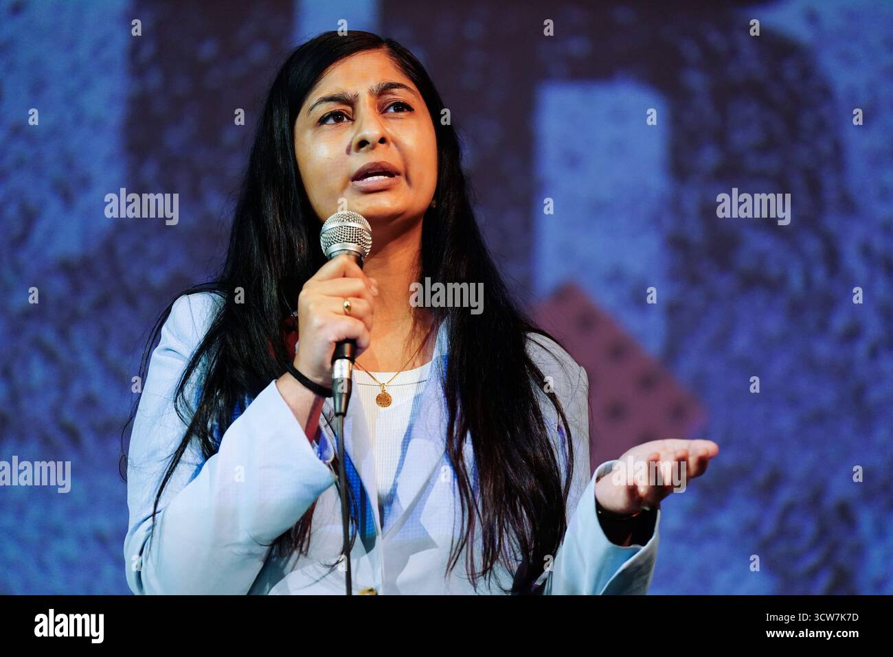 Zarah Sultana, with Jeremy Corbyn (not pictured) takes part in a ...
