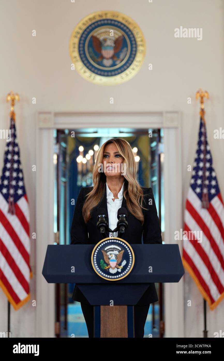 First lady Melania Trump speaks in the Grand Foyer of the White House ...