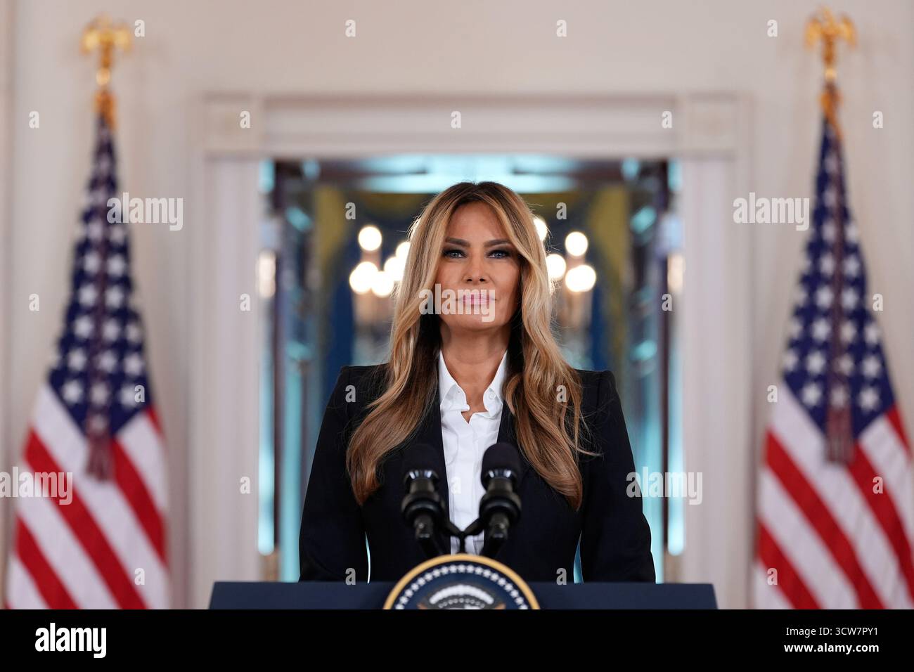 First lady Melania Trump speaks in the Grand Foyer of the White House ...