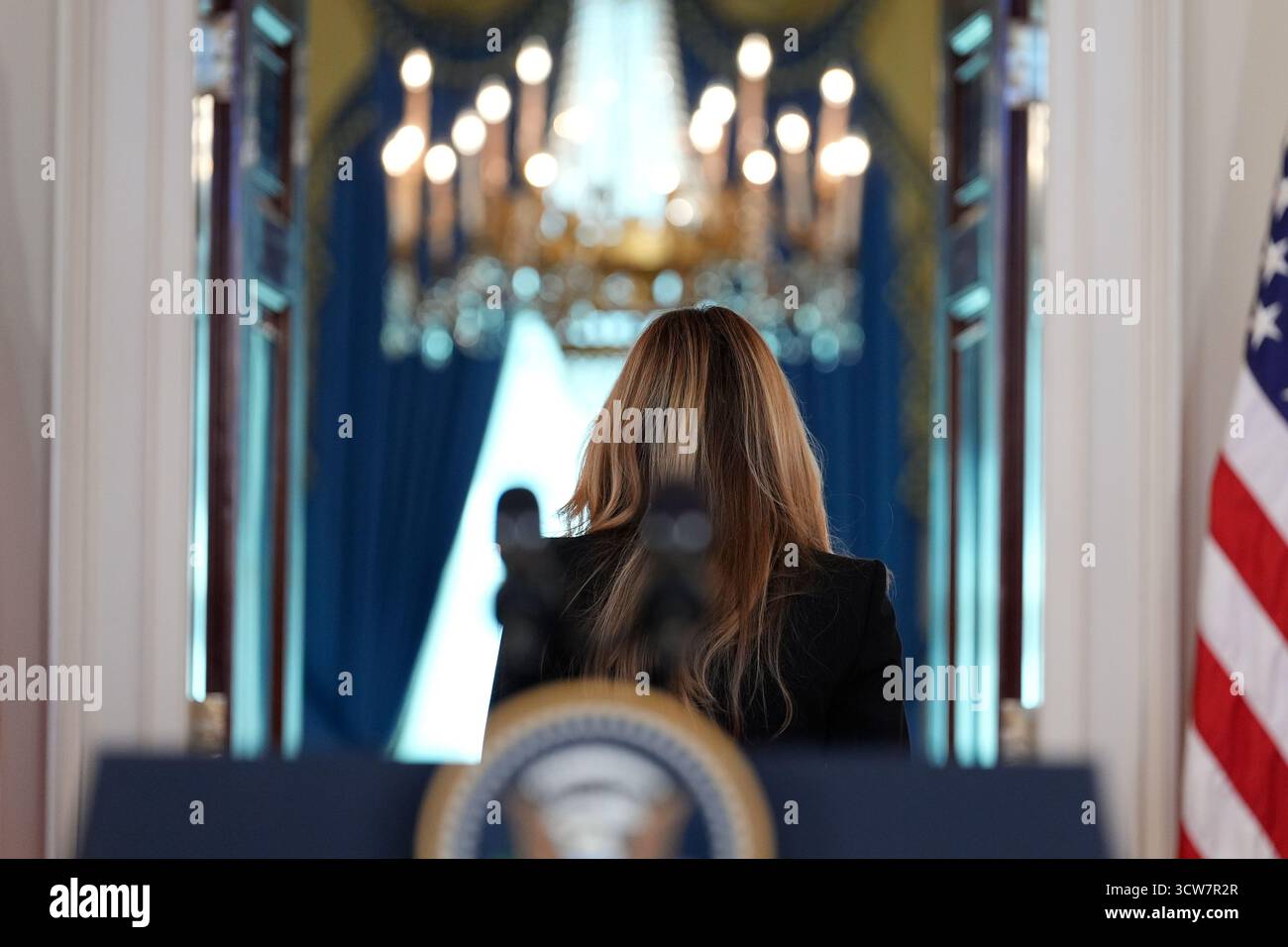 First lady Melania Trump walks from the podium to the Blue Room after ...