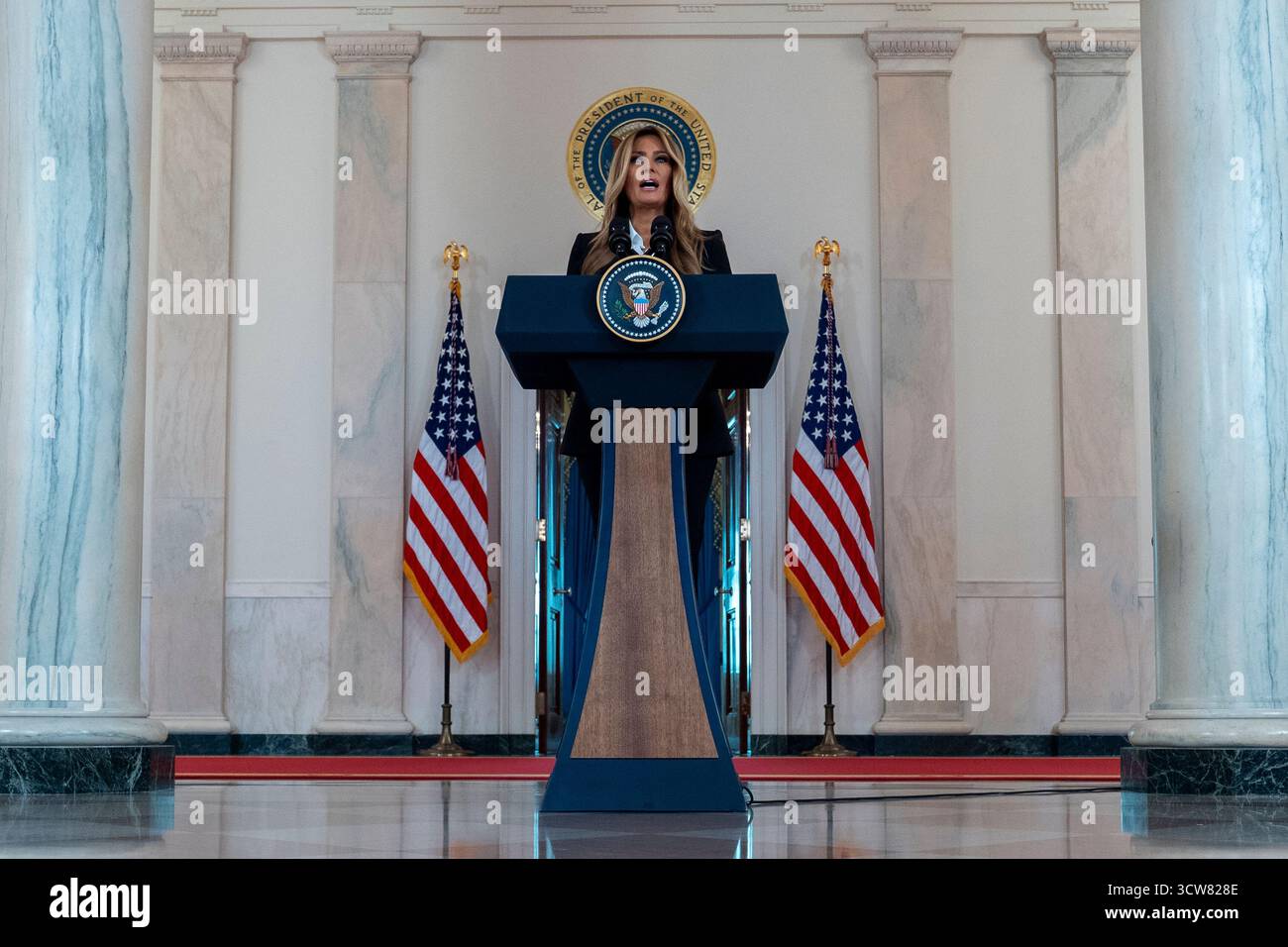 First lady Melania Trump makes a statement in the Grand Foyer of the ...
