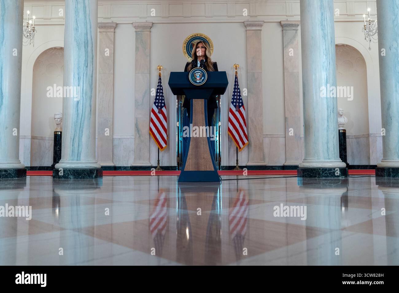 First lady Melania Trump speaks in the Grand Foyer of the White House ...