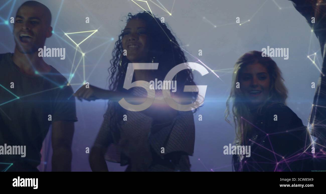 Showcasing four promotional talents standing in studio, with 5G overlay ...