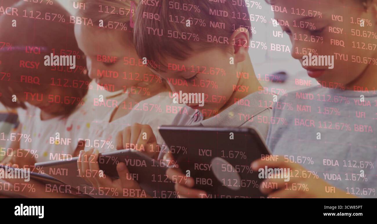 Tapping tablet screen boy in light clothing holding device at school ...