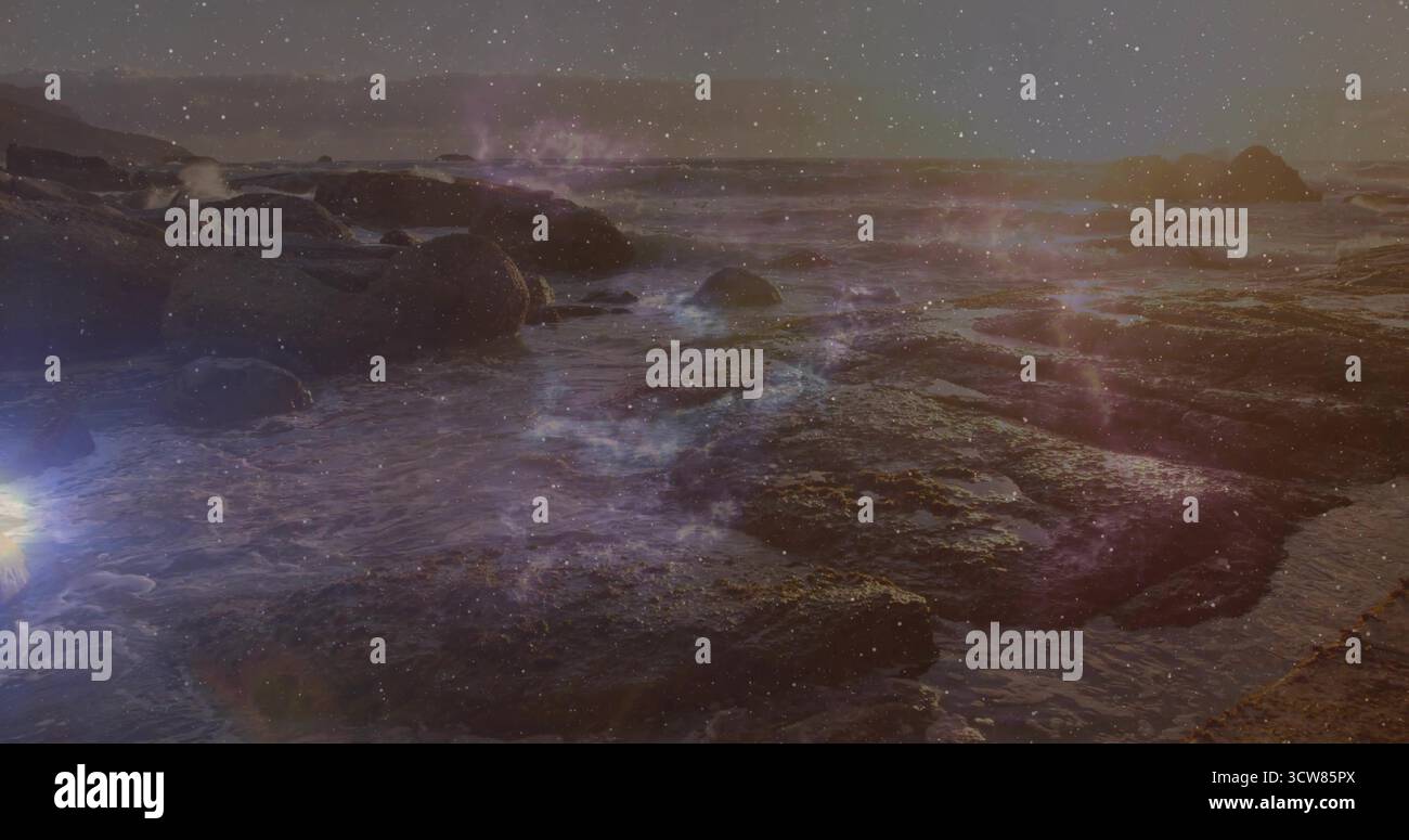 Glowing rocky tidal pools, shallow water and boulders reflecting cosmic ...