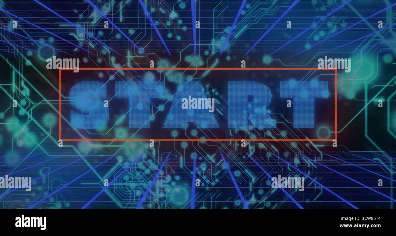 Displaying pixelated blue START letters floating in red frame on navy ...