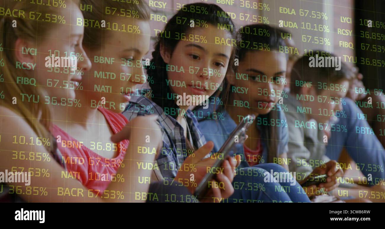 Holding smartphones, six students exchanging glances in school corridor ...