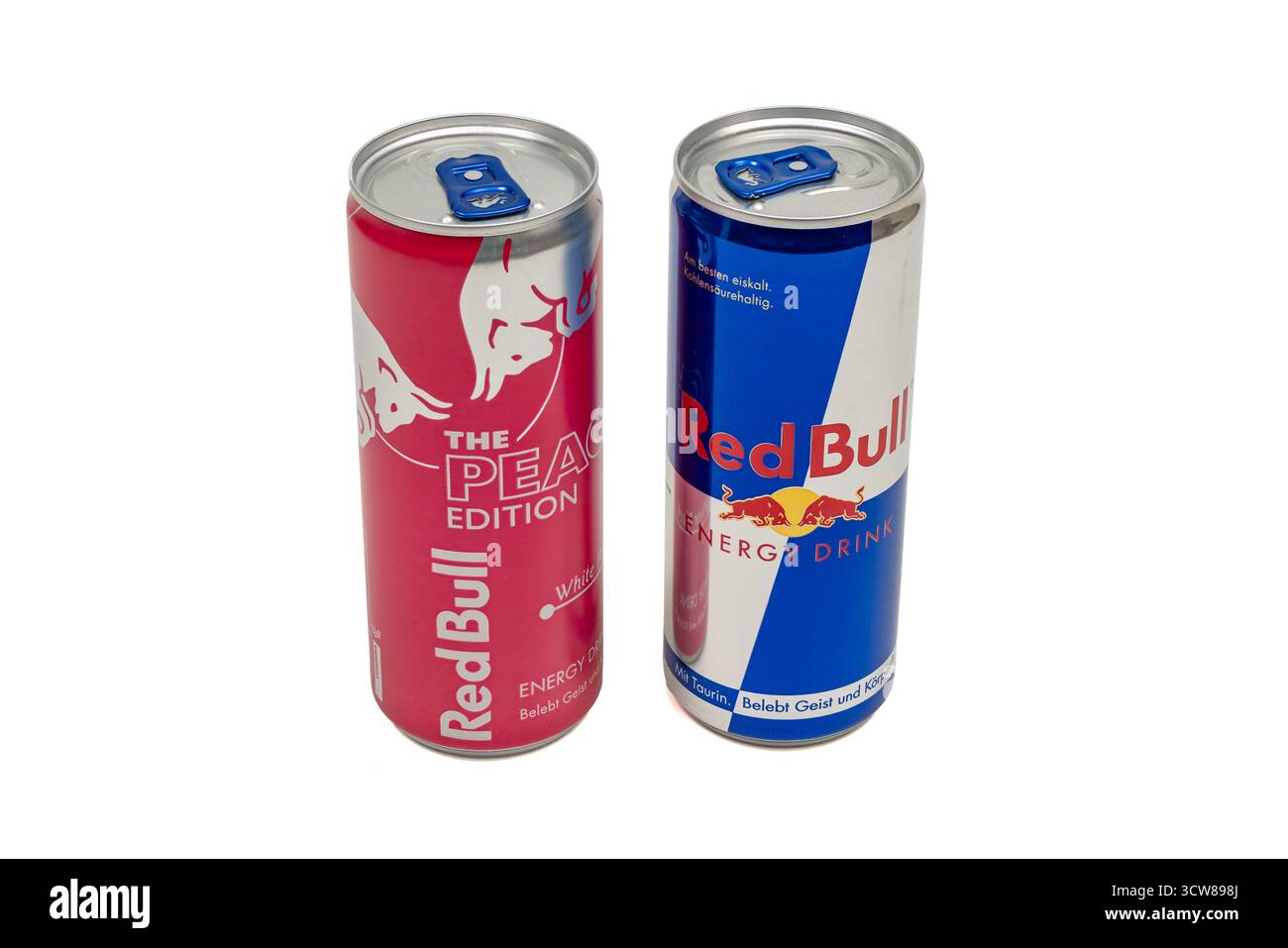 Germany Berlin October 10, 2025. Two cans angled top view. Peach ...