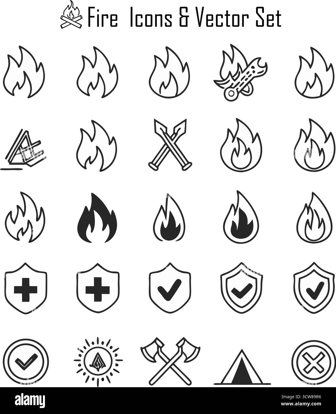 Fire Icon Set – Flame, Burn, Heat, Energy, and Safety Symbol Vector Collection Stock Vector ...