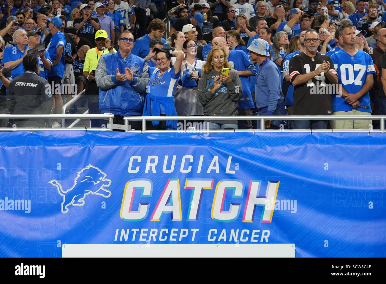 A Crucial Catch Intercept Cancer sign is shown during an NFL football ...