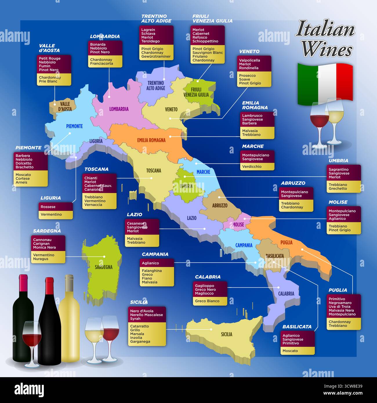 Italy, map of Italian wines divided by region of origin, vector ...