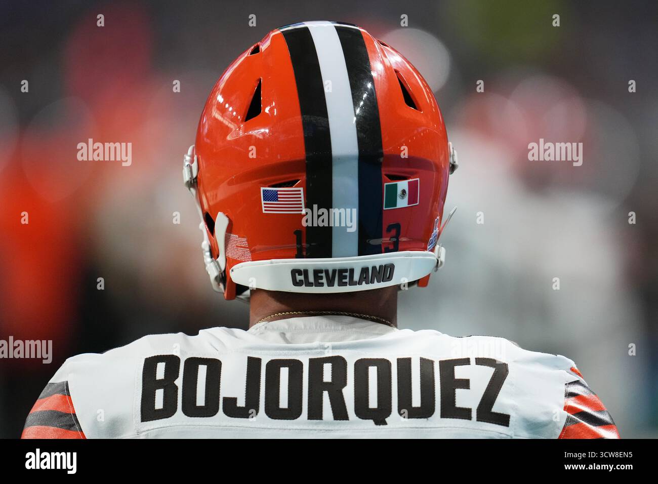 A Mexican flag sticker is shown on the helmet of Cleveland Browns ...