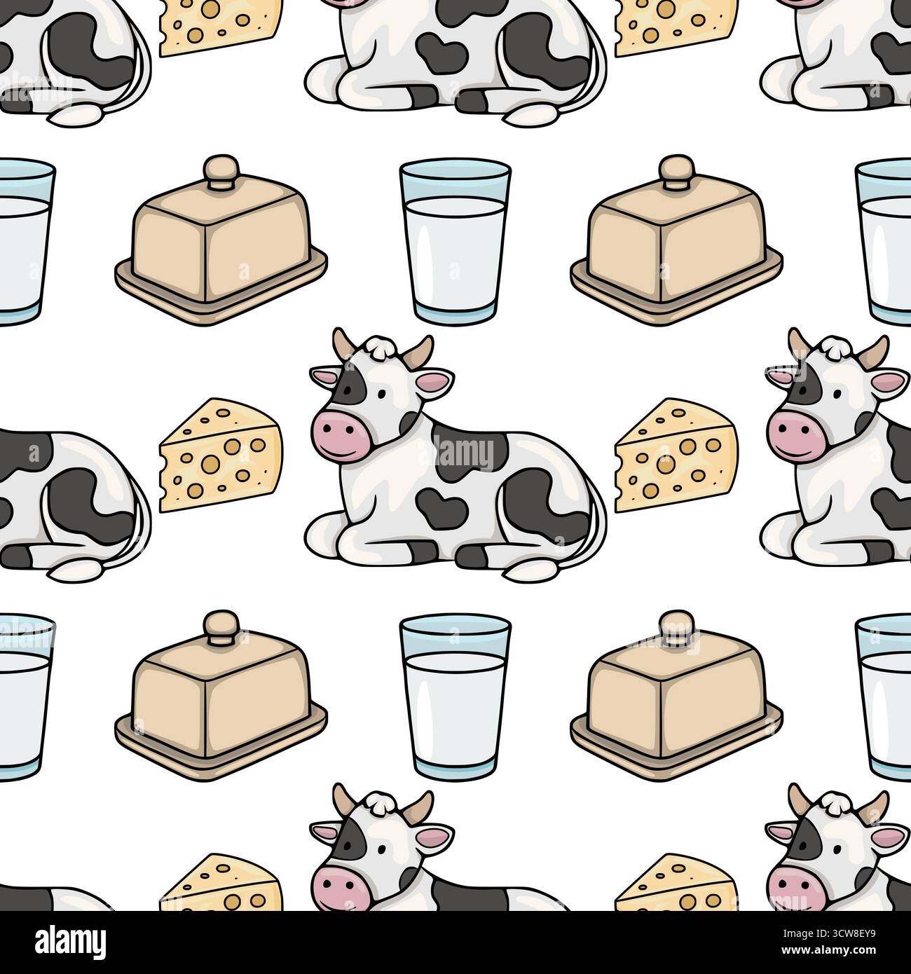 Seamless vector pattern featuring cute cartoon cows, wedges of cheese ...