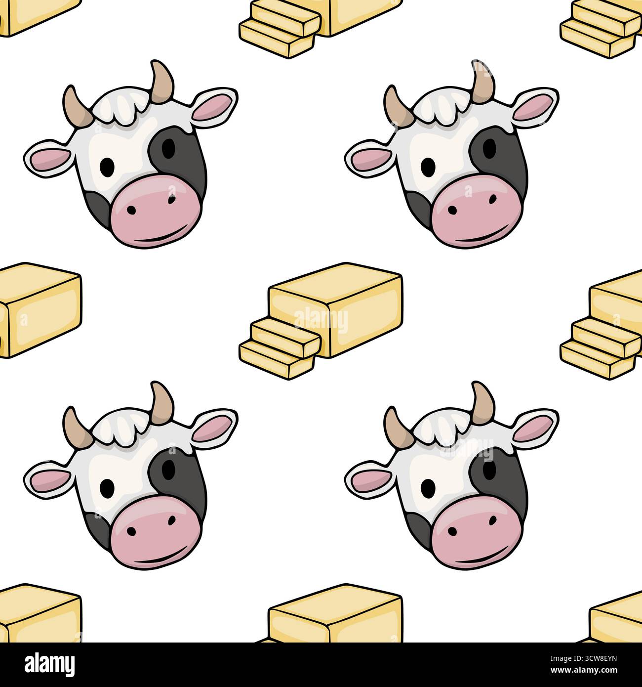 Charming vector pattern featuring playful cow faces and stacked butter ...