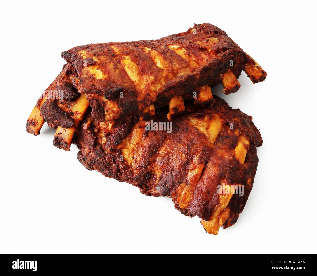 oven baked baby pork ribs on a white background, horizontal view from ...