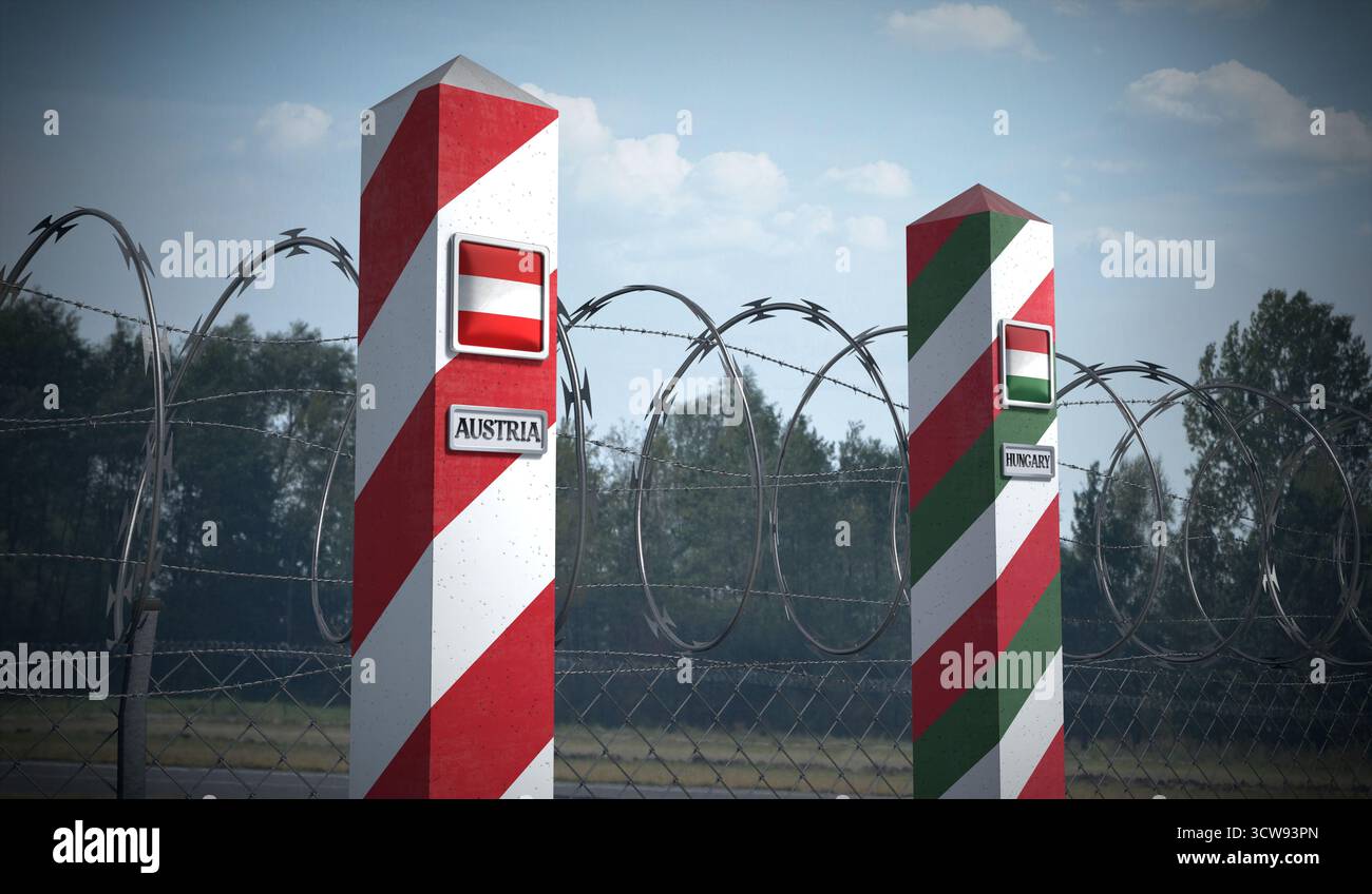 Border posts with flags of Austria and Hungary - 3d illustration Stock ...