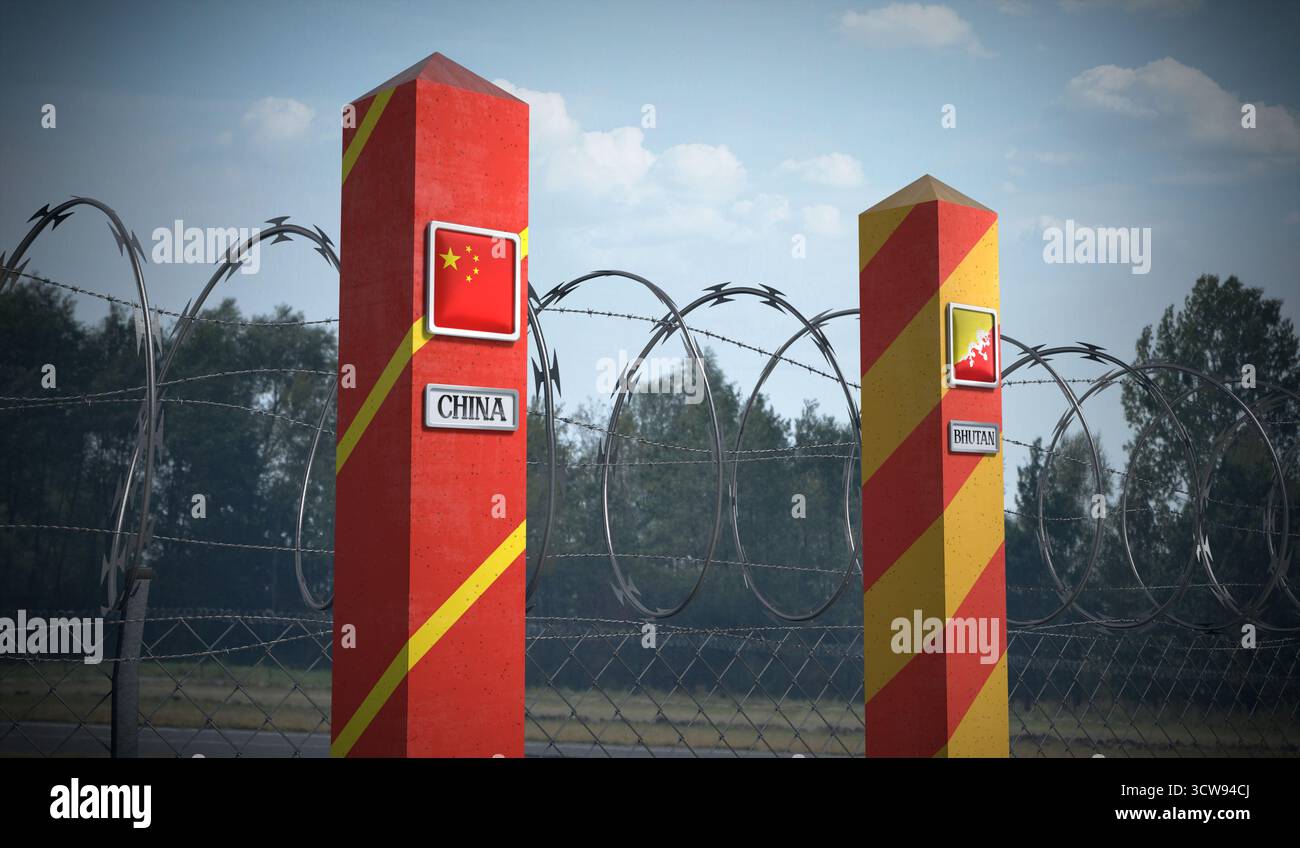 Border posts with flags of China and Bhutan - 3d illustration Stock ...
