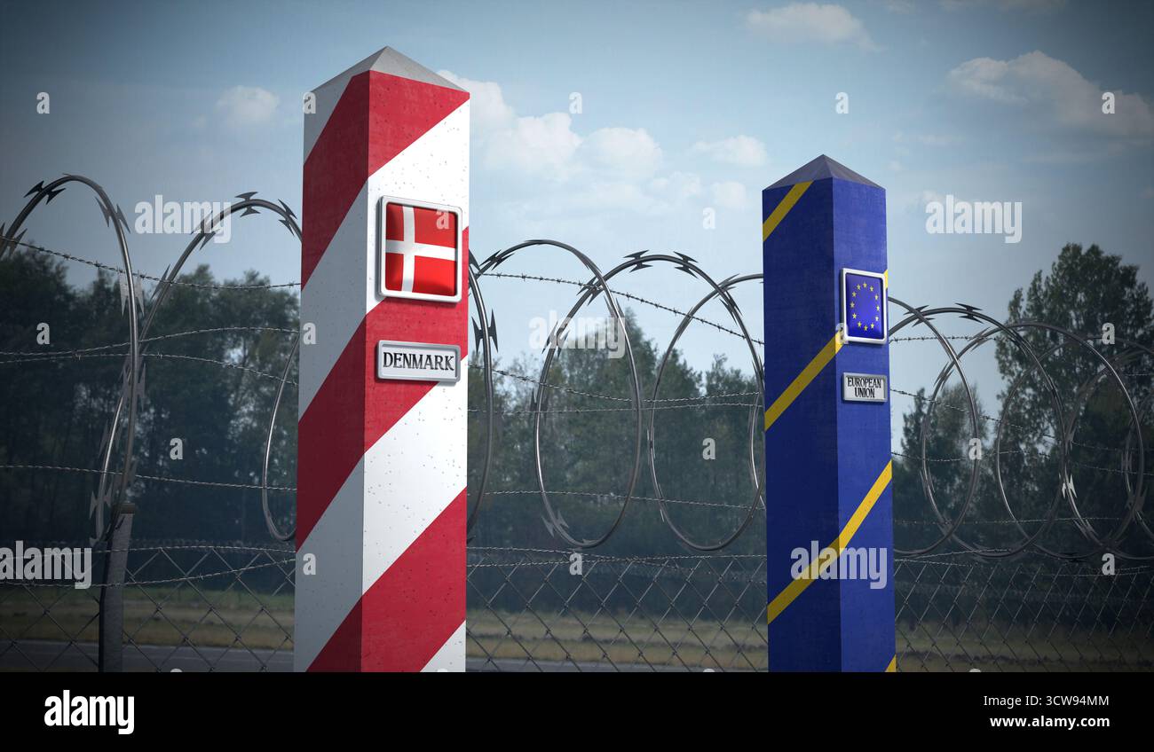 Border posts with flags of Denmark and European Union - 3d illustration ...