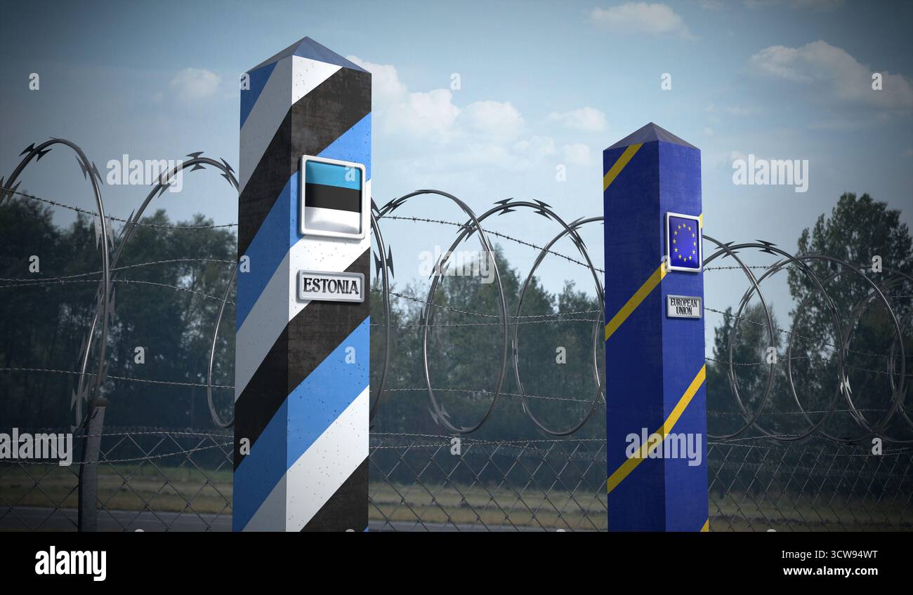 Border posts with flags of Estonia and European Union - 3d illustration ...