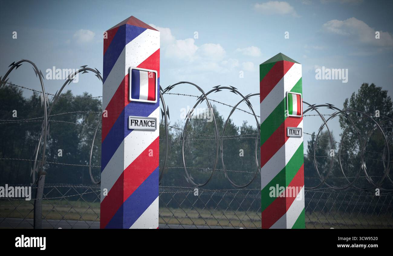 Border posts with flags of France and Italy - 3d illustration Stock ...